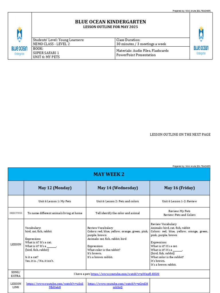 Nemo - May Lesson Outline | PDF | Learning | Language Acquisition