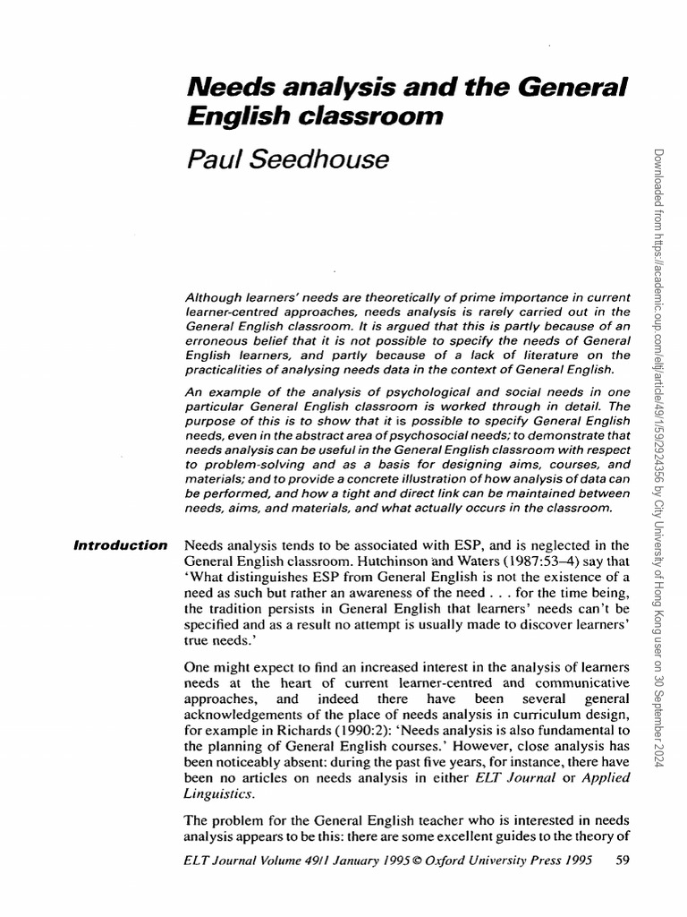 Needs Analysis and The General English Classroom | PDF | Learning ...