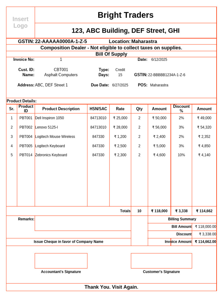 Bill of Supply Format for Traders | PDF