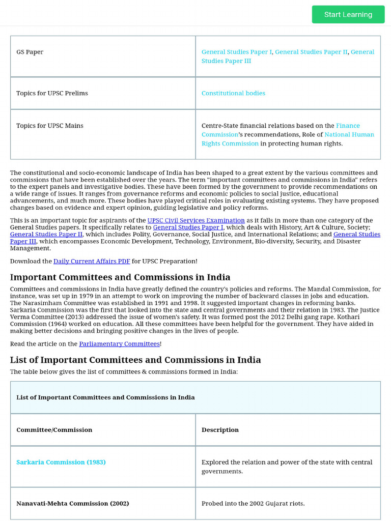List of Important Committees and Commissions in India - UPSC Notes | PDF