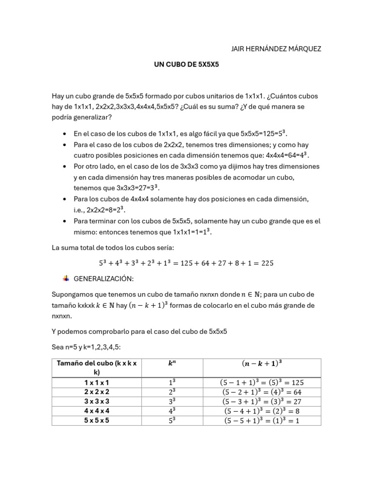 Cálculo de cubos en un cubo 5x5x5 | PDF