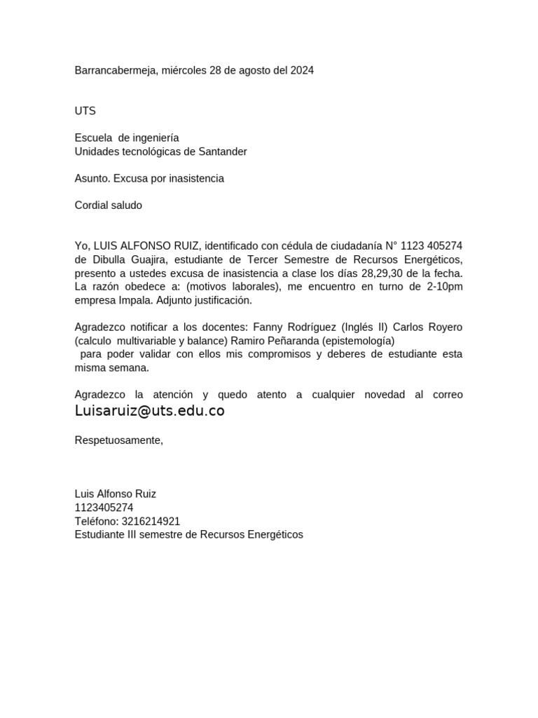 Modelo de Excusa | PDF