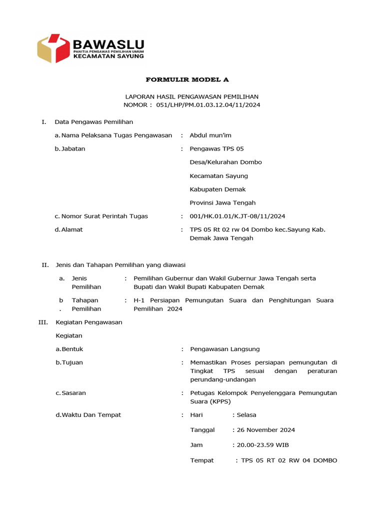 Form A Pengawasan Pilkada 2024 - (H-1 Persiapan Pemungutan & Penghitungan Suara) | PDF