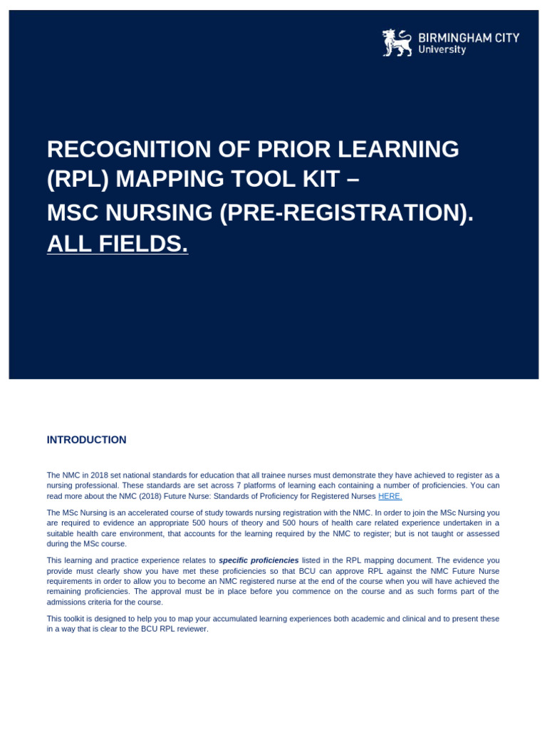 MSC Nursing RPL Mapping Toolkit 133005414732879726 2 | PDF | Learning | Nursing