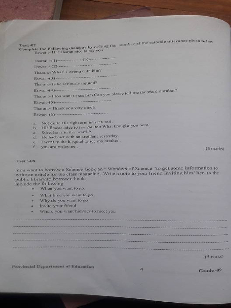 Grade 9 English Provincial Level Test Paper | PDF
