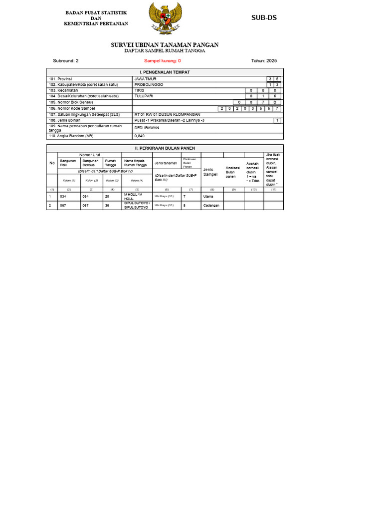 Sampel Ubinan Ubi Kayu Subround 2 2025 | PDF