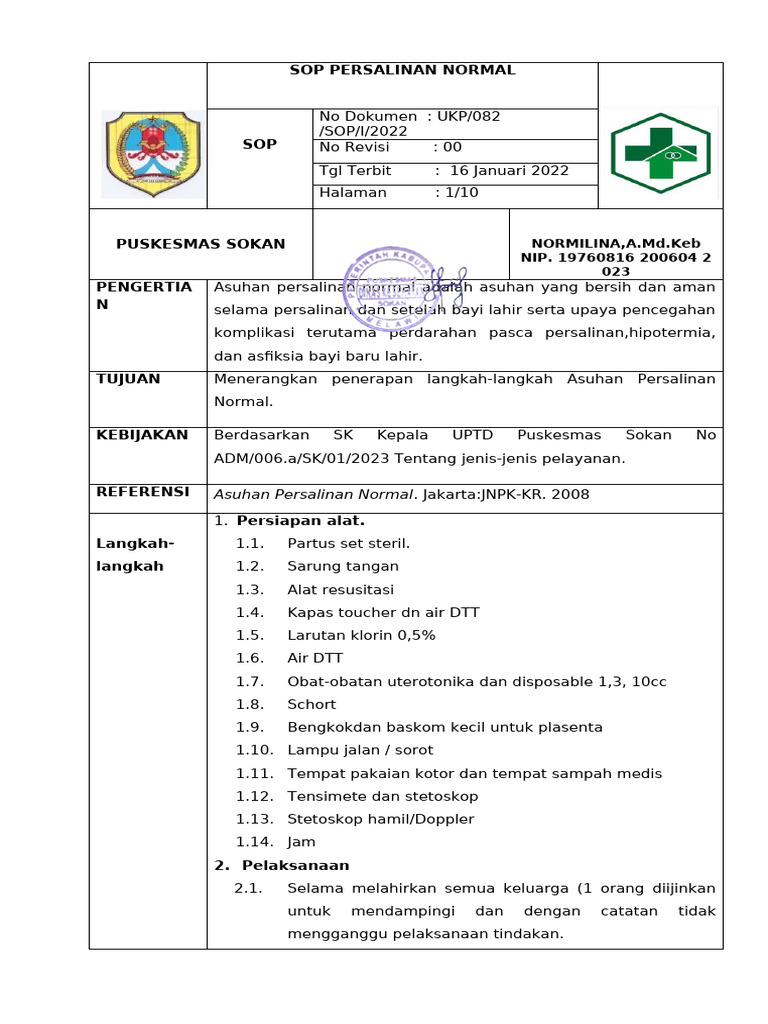 Sop Persalinan Normal | PDF