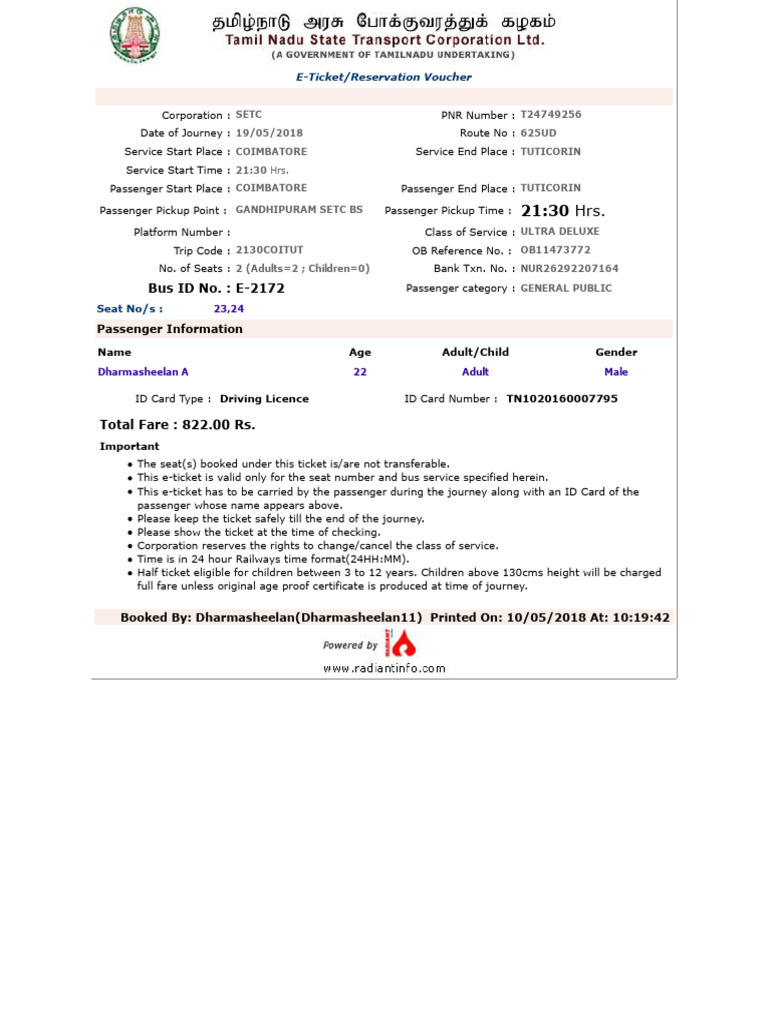 SETC E-Ticket for Coimbatore to Tuticorin | PDF