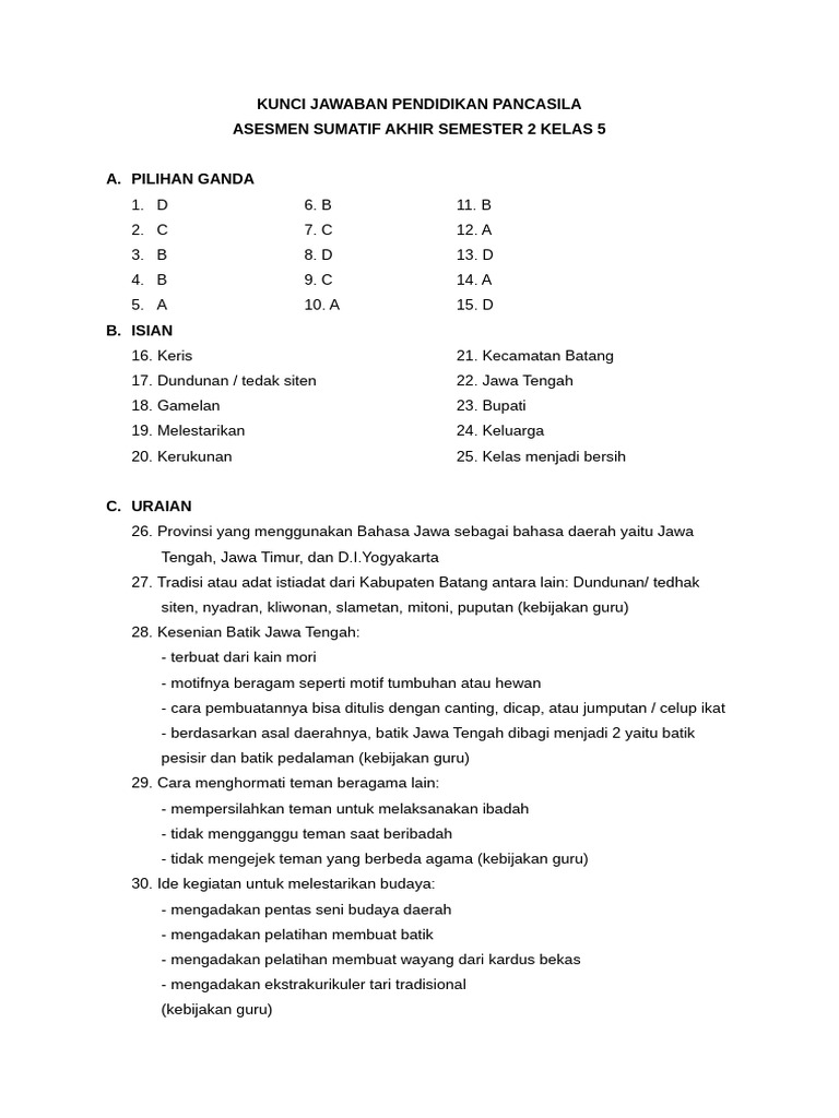 Kunci Asas 2 Kls 5 Pancasila | PDF