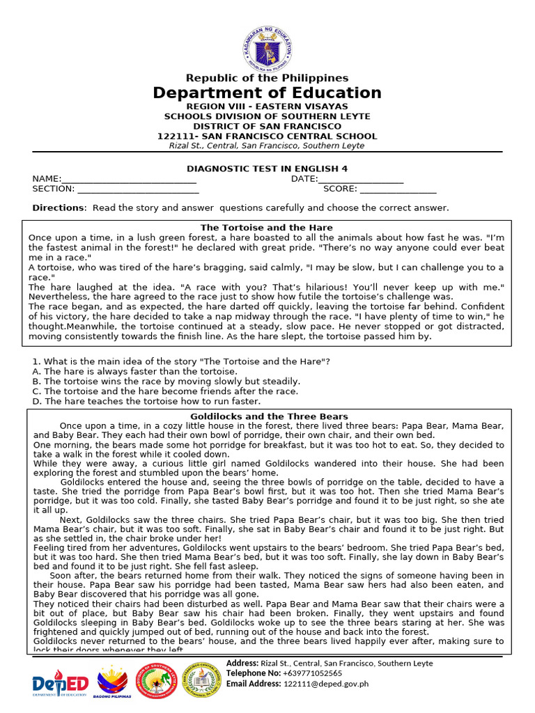 Diagnostic Test - English 4 | PDF | Goldilocks And The Three Bears ...