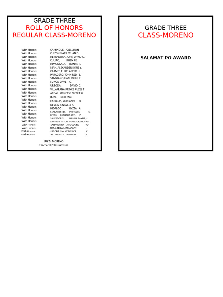 Grade 3 Honors List - Moreno Class | PDF