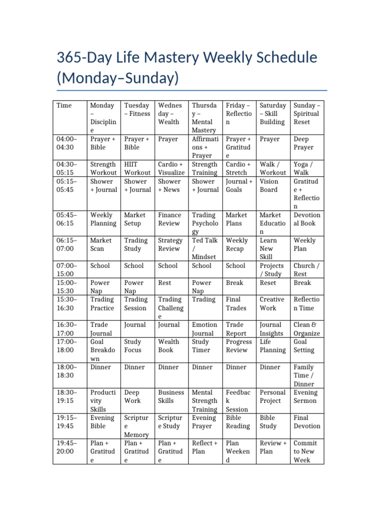 Weekly Life Mastery Schedule | PDF