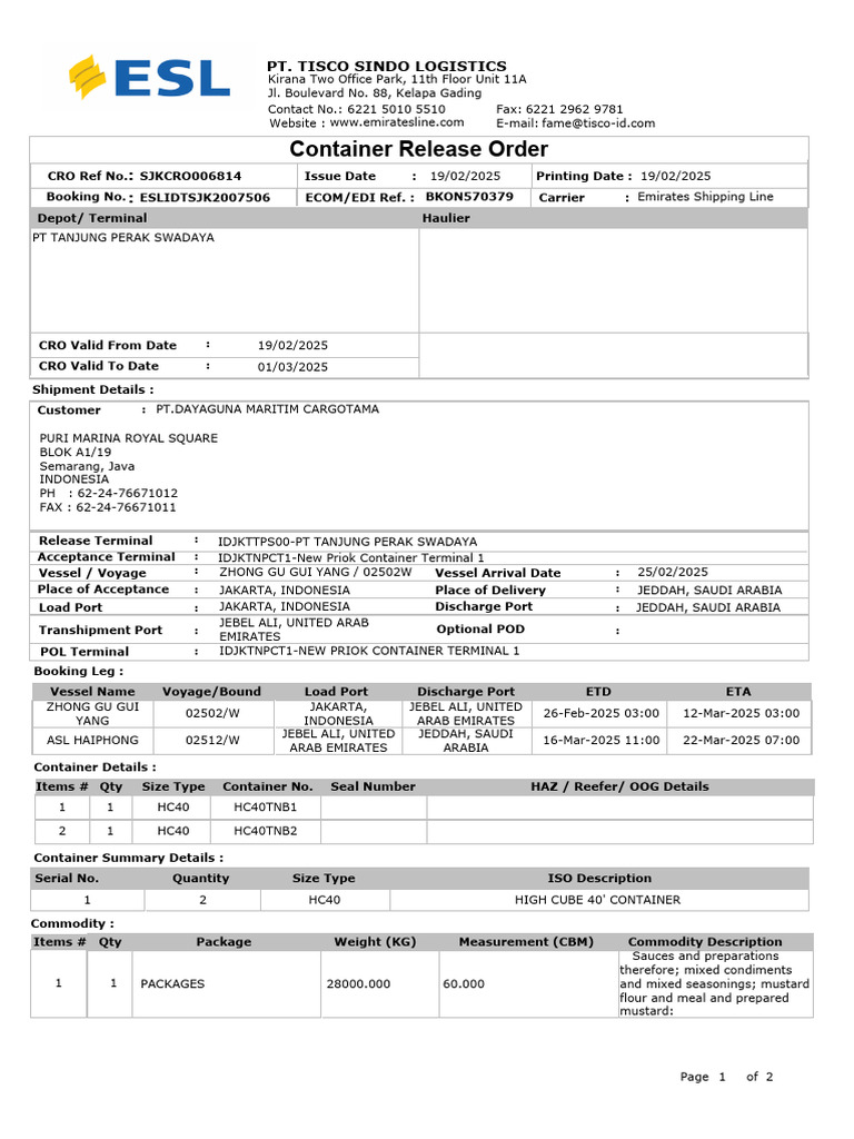 Cro Eslidtsjk2007506 Premix (2X40' HC) - Zhong Gu Gui 02502W | PDF | Cargo | Shipping