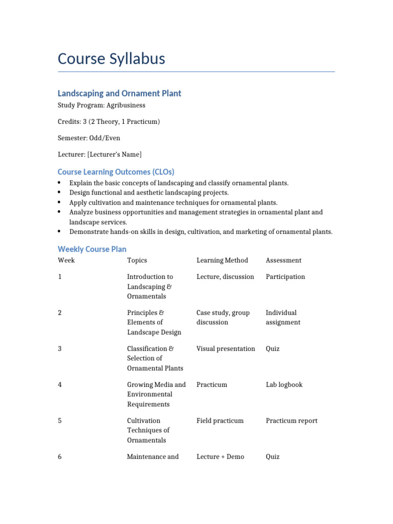 Landscaping and Ornamental Plants Syllabus | PDF | Horticulture