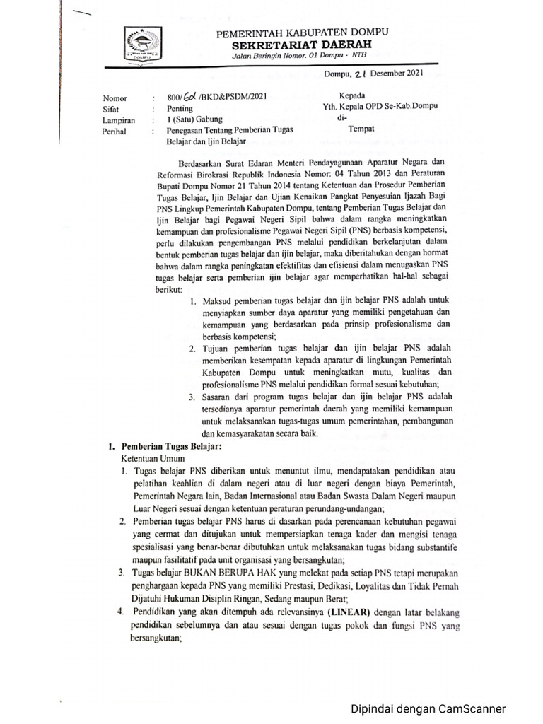 Penegasan Pemberian Tugas Belajar Dan Ijin Belajar Kab. Dompu | PDF