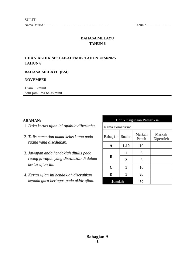 Uasa Bm Thn 6 Set 2 20242025 by Cikgu Gorgeous | PDF