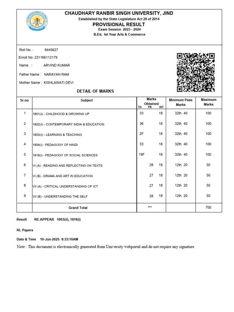 B.Ed. Provisional Result for Arvind Kumar | PDF