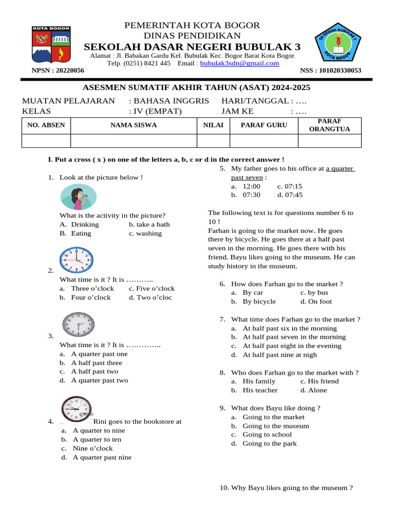 Asat Genap 2024-2025 Bahasa Inggris Kelas 4 | PDF | Transport | Land Transport