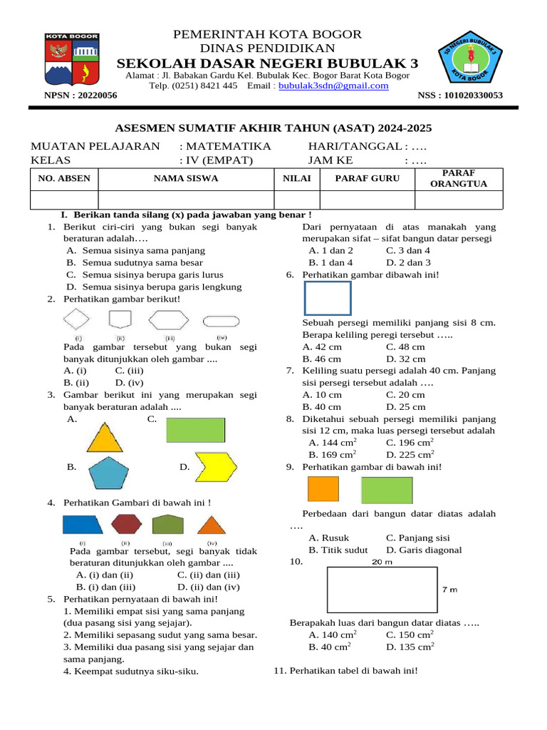 Asat Genap 2024-2025 Matematika Kelas 4 | PDF