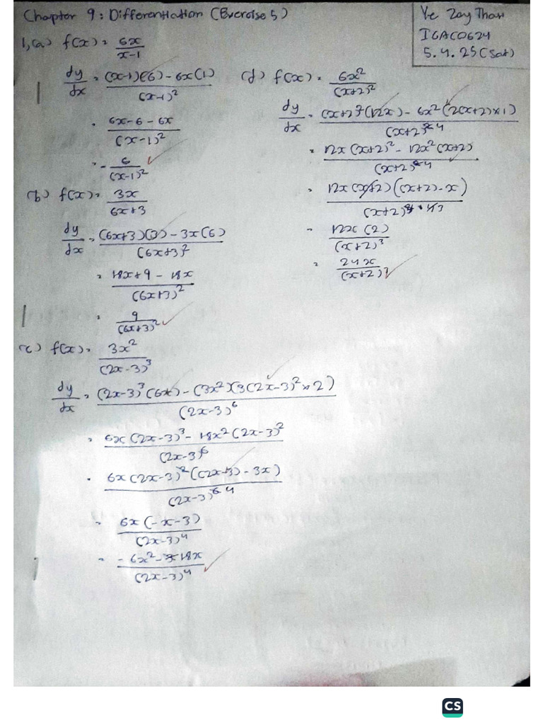 Chapter 9 Differentiation - Exercise 5 (ALL) | PDF
