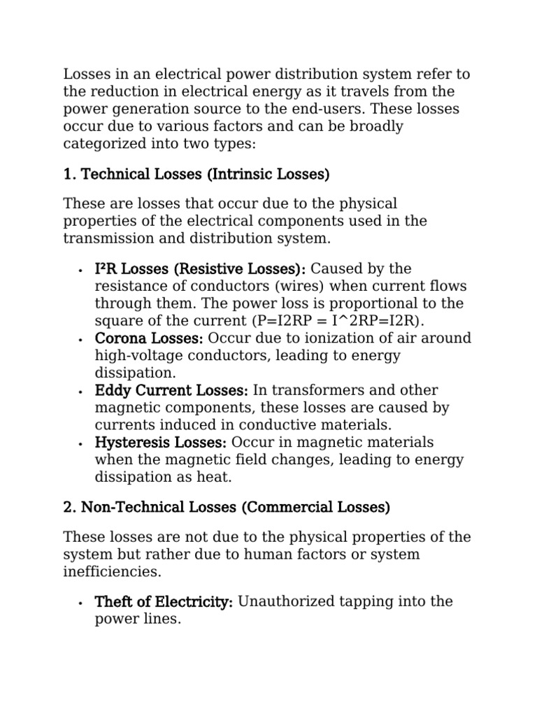 Losses in An Electrical Power Distribution System Refer To The ...