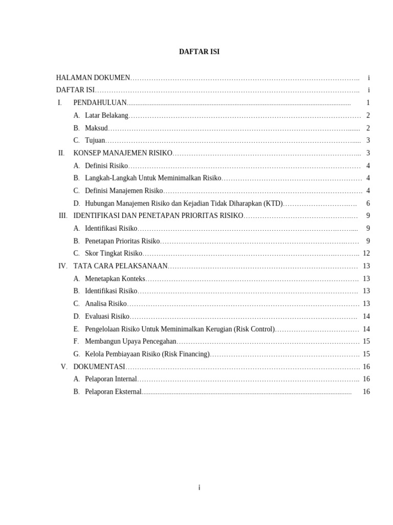 Daftar Isi Manajemen Resiko | PDF
