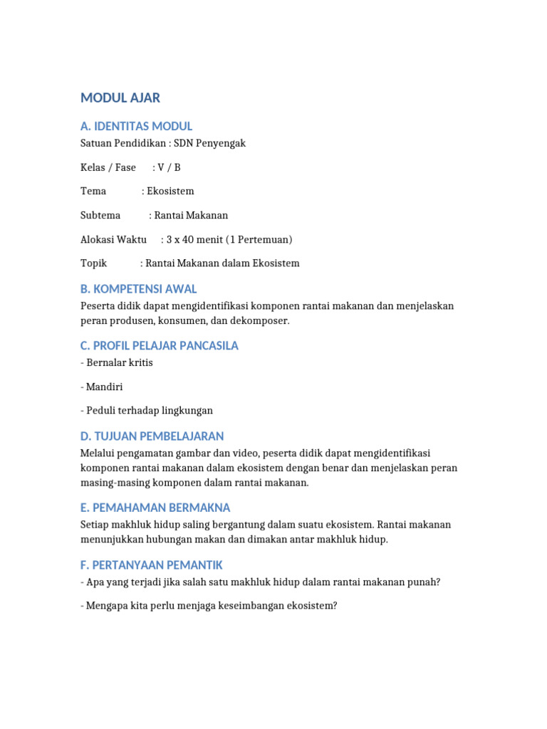 Modul Ajar Rantai Makanan SD Kelas V | PDF