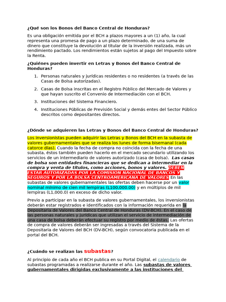 Bonos del Banco Central de Honduras | PDF | Bolsa | Bancos