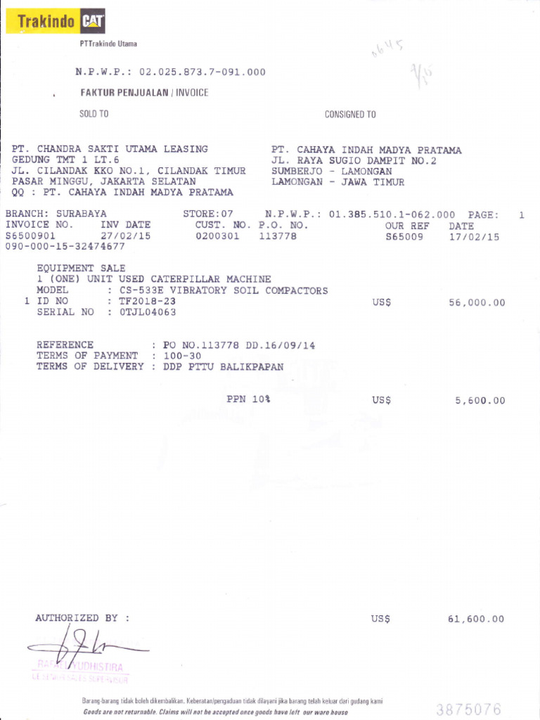 6 Cimp - Faktur Vibrator Roller Caterpillar Cs533e - 063 - 2015 | PDF