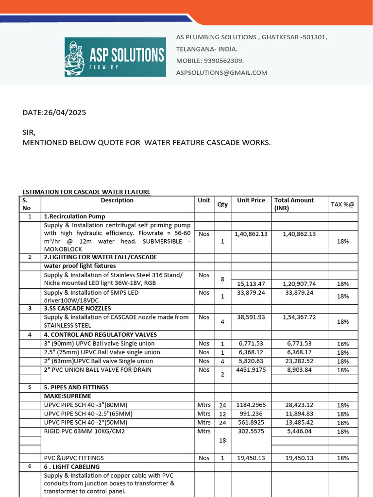 ASP Water Feature Quoteation | PDF | Pump | Pipe (Fluid Conveyance)