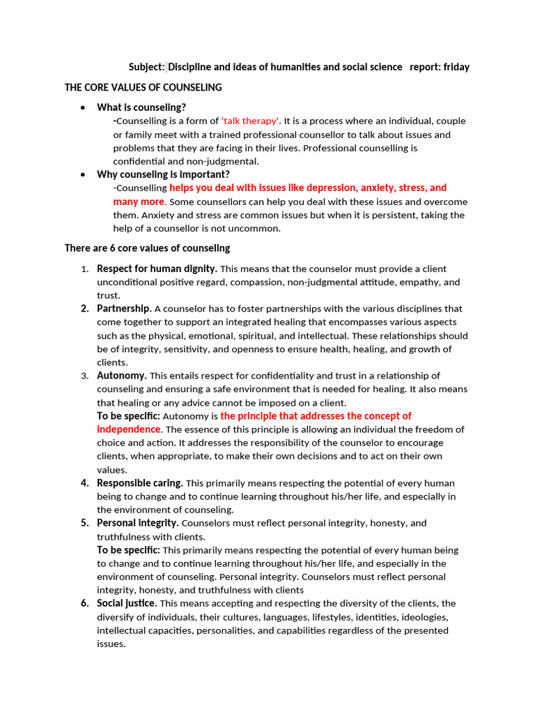 Core Values of Counseling Explained | PDF | Psychotherapy | Disciplines