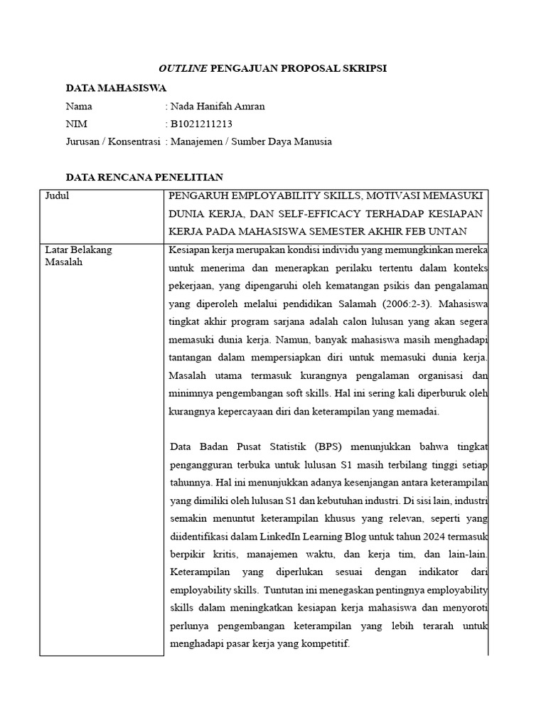 Outline Pengajuan Proposal Skripsi Nada Hanifah Amran | PDF