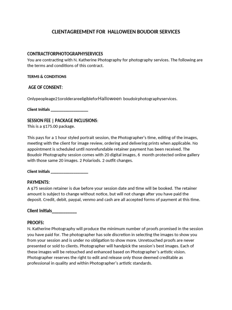 Halloween Boudior Contract | PDF | Photographer | Payments