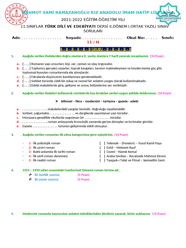 11.sinif Turk Dili Ve Edebiyati Dersi 2.donem 1.ortak Yazili Sorulari 2021 2022 2 | PDF
