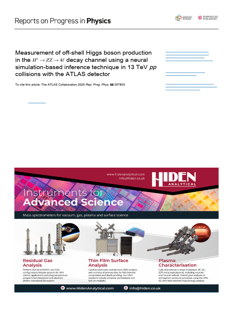 The ATLAS Collaboration 2025 Rep. Prog. Phys. 88 057803 | PDF | Higgs Boson | Atlas Experiment