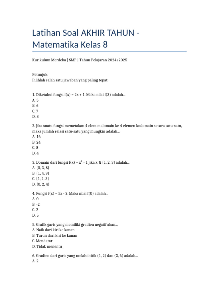 Latihan Soal Matematika Kelas 8 | PDF