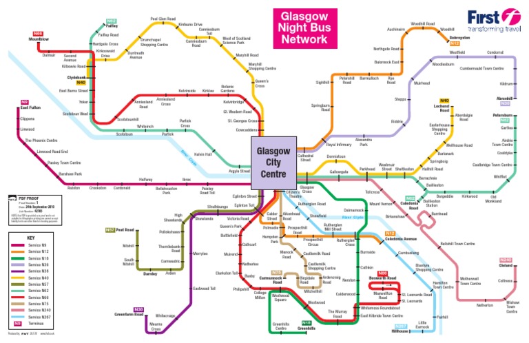 A Route Map and Schedule of the Glasgow Night Bus Network highlighting ...