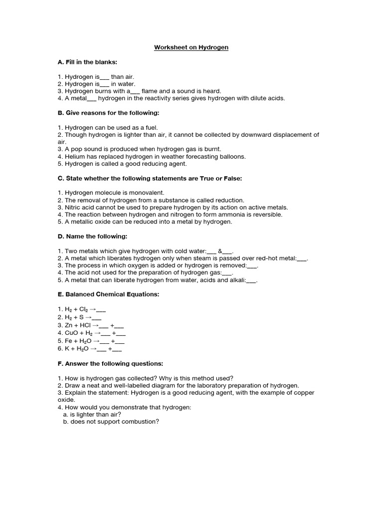 Worksheet On Hydrogen | PDF