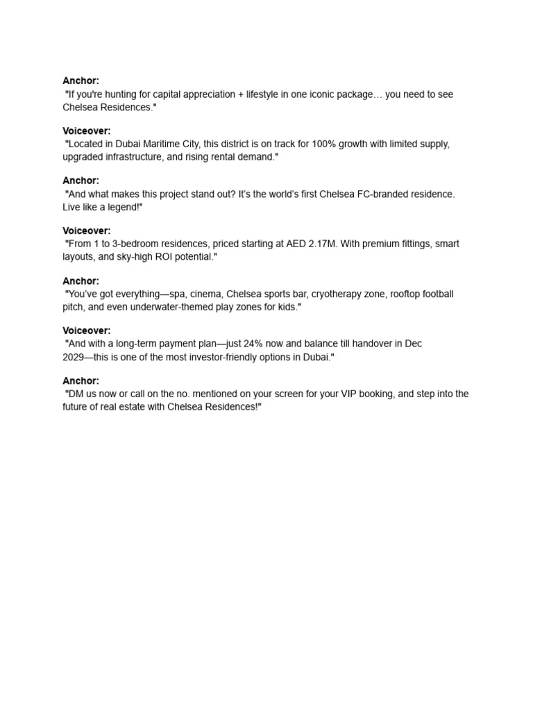 Chelsea Residences Reels Script 2 Revised | PDF