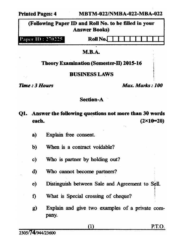 Mba 2 Sem Business Laws MBTM 022 2016 | PDF