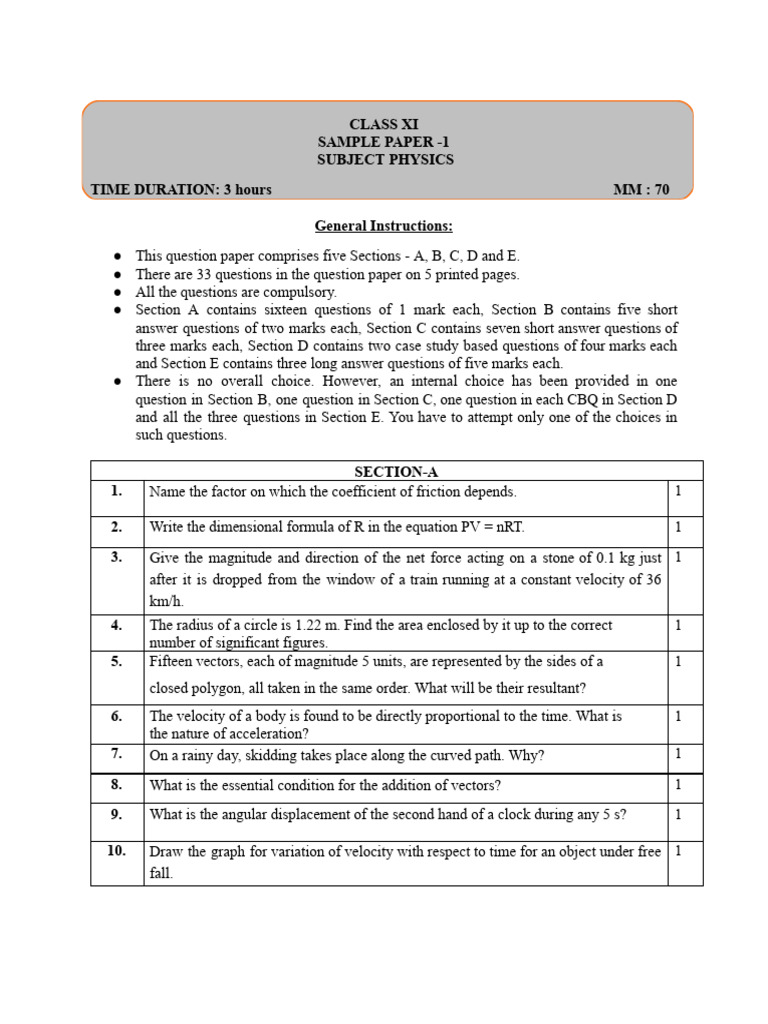 XI Sample Paper-1 (2023-24) | PDF | Acceleration | Velocity