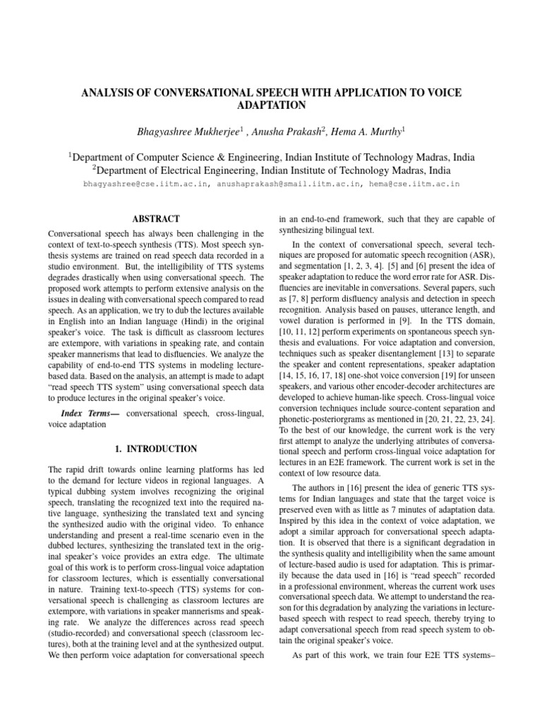 Analysis of Conversational Speech With Application To Voice Adaptation ...