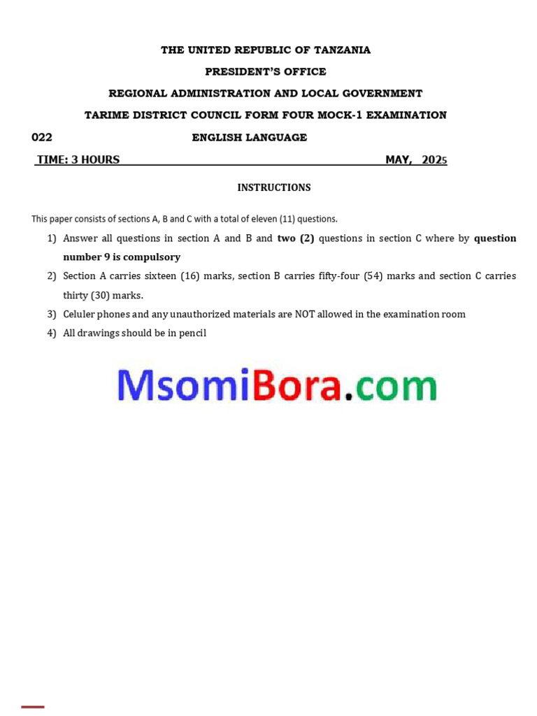 Tarime District Form Four English Exam | PDF | Verb | Word