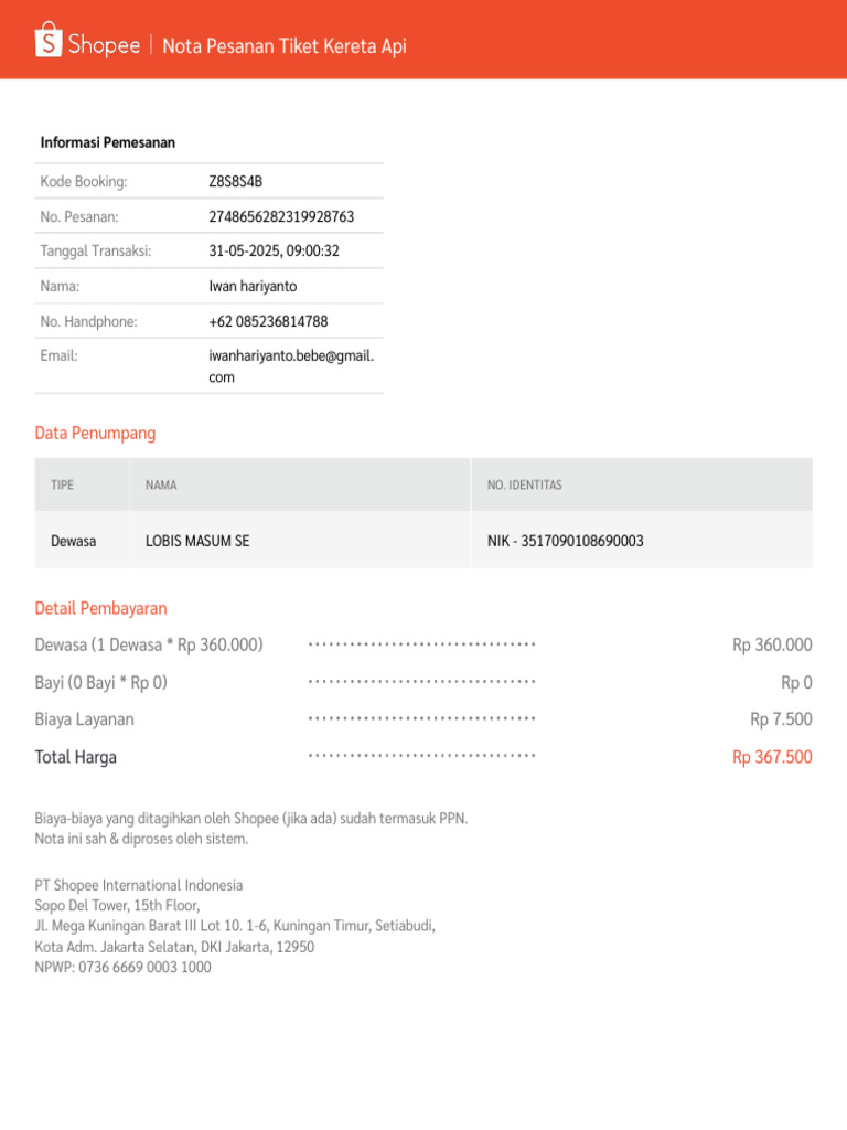 Nota Pesanan Tiket Kereta API - 2748656282319928763 | PDF