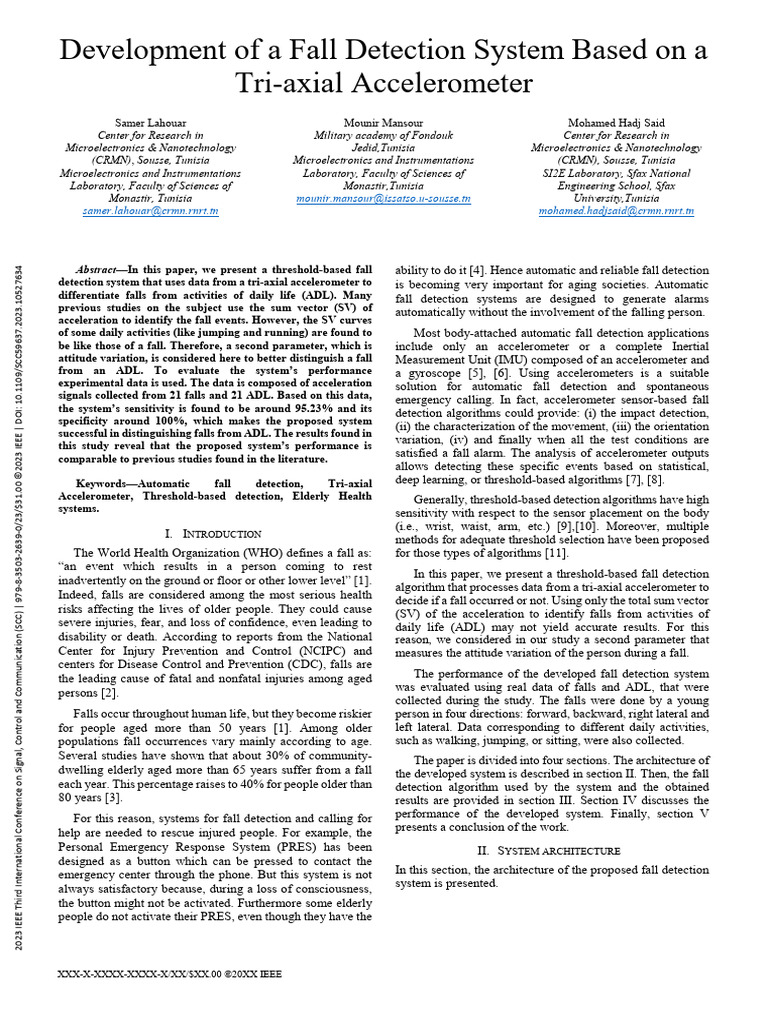 Development of A Fall Detection System Based On A Tri-Axial Accelerometer | PDF | Accelerometer ...