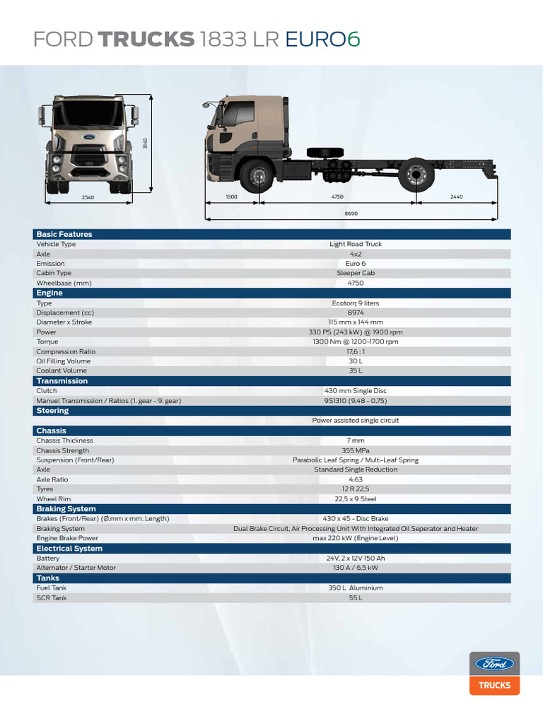 Ford 1833 LR Euro 6 Truck Specs | PDF | Truck | Brake