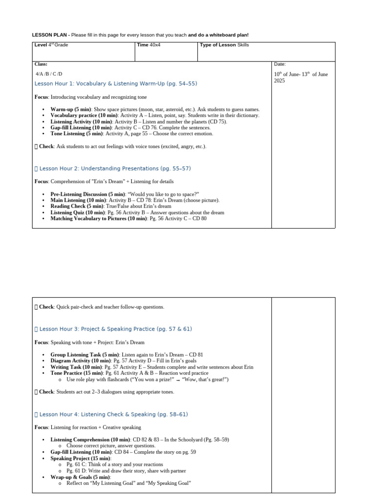 Lesson Plan Grade 4 - 10th of June - 13th of June 2025 | PDF ...