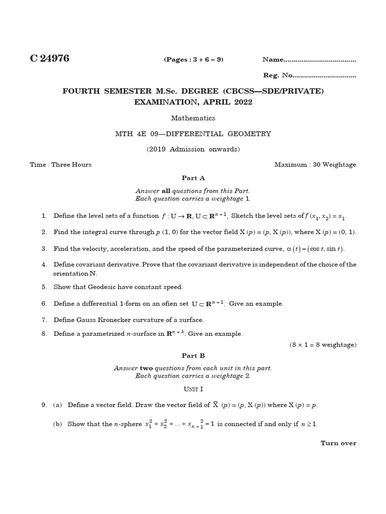 Differential Geometry Previous QP | PDF | Curvature | Mathematical Physics