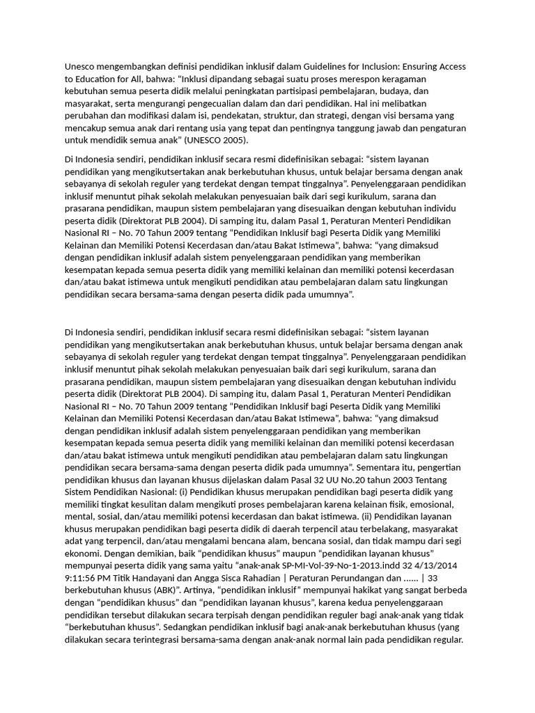 Unesco Mengembangkan Definisi Pendidikan Inklusif Dalam Guidelines For Inclusion | PDF