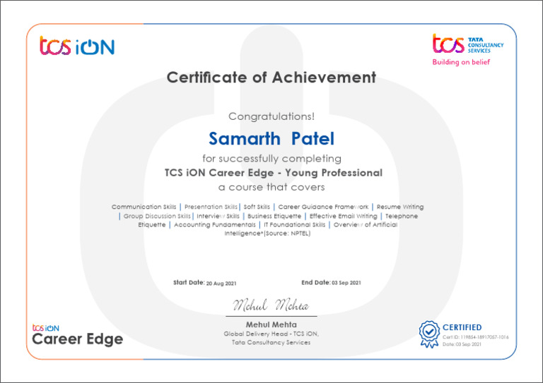 Samarth Patel: Certificate of Achievement | PDF